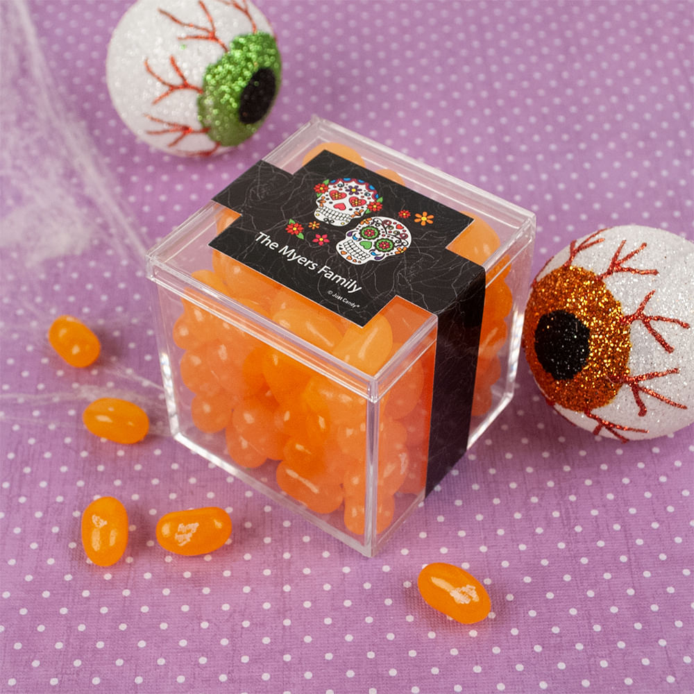 Personalized Halloween Festive Sugar Skulls JUST CANDY® favor cube with Jelly Belly Jelly Beans ...