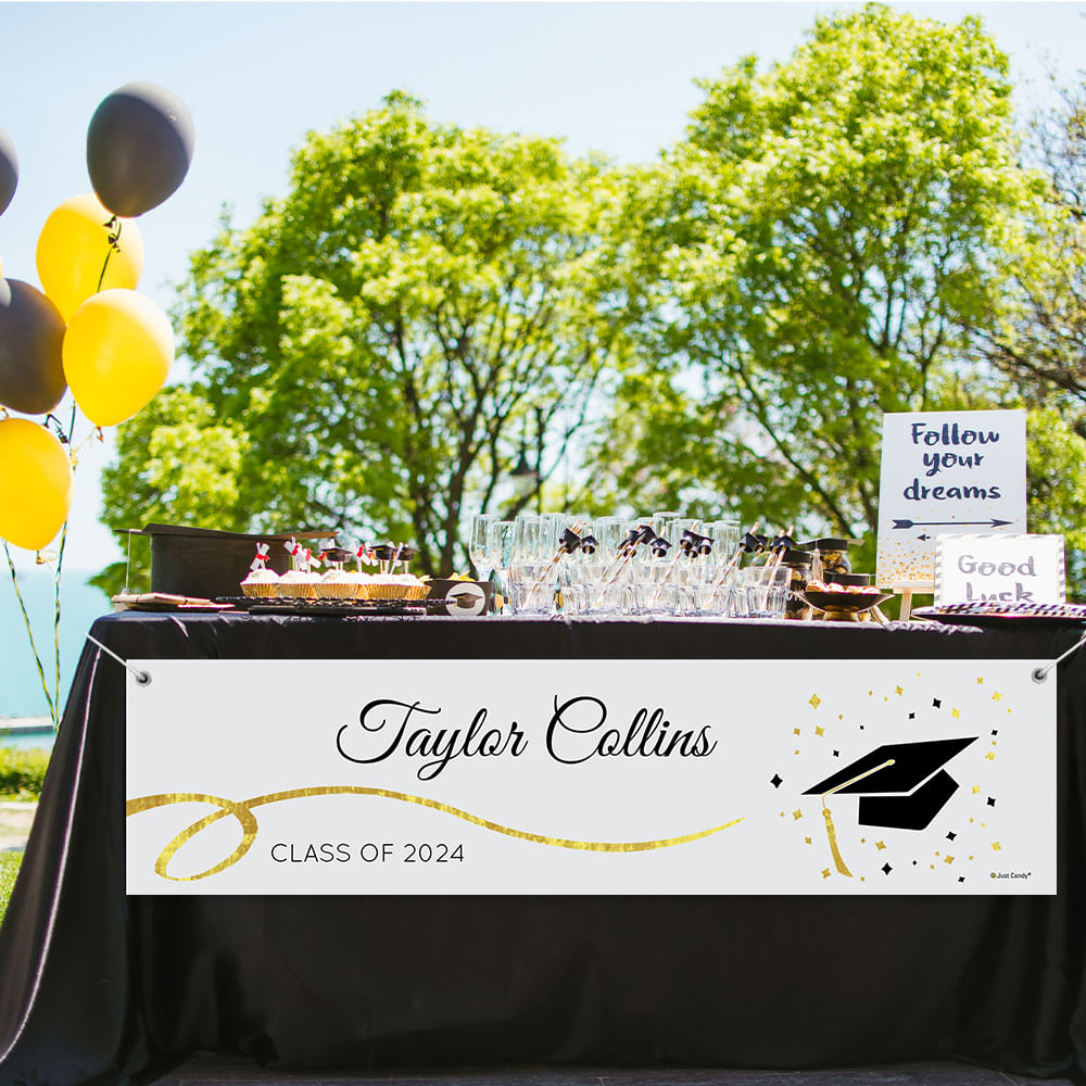 Personalized Graduation Cap and Confetti 5 Ft. Banner - JustCandy.com