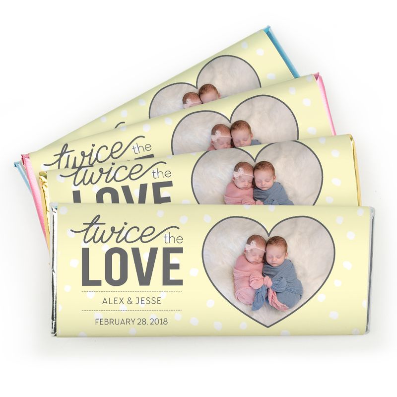 Personalized Bonnie Marcus Birth Announcement Twice the Love Chocolate Bar Wrappers Only ...