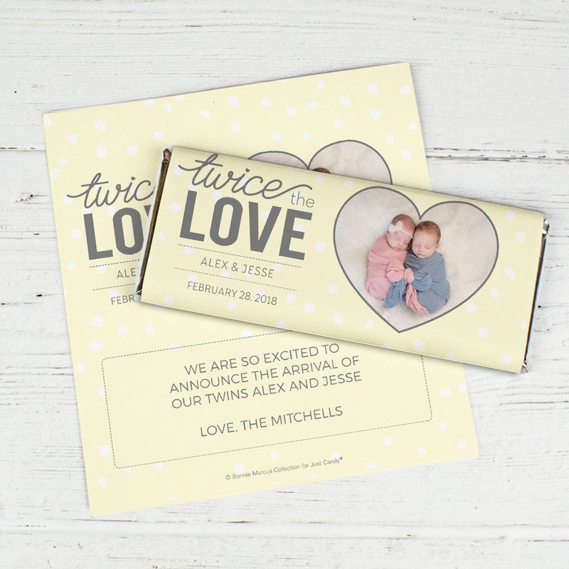 Personalized Bonnie Marcus Birth Announcement Twice the Love Chocolate Bar Wrappers Only ...