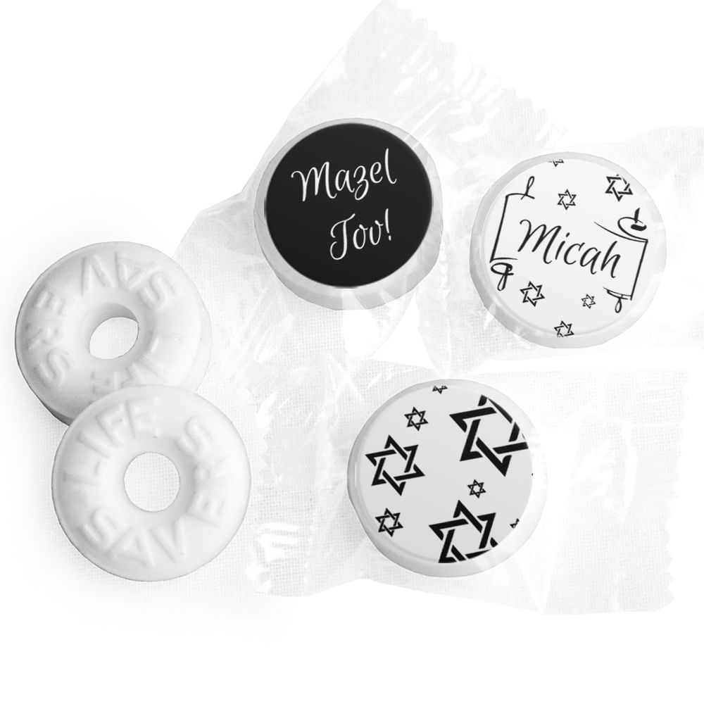 Personalized Bar Mitzvah Scroll & Stars Life Savers Mints - JustCandy.com