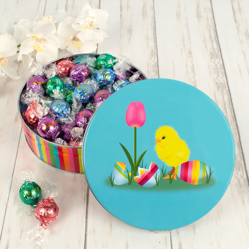 Easter Chick Tin with Assorted Lindor Truffles (20 Pieces) - JustCandy.com
