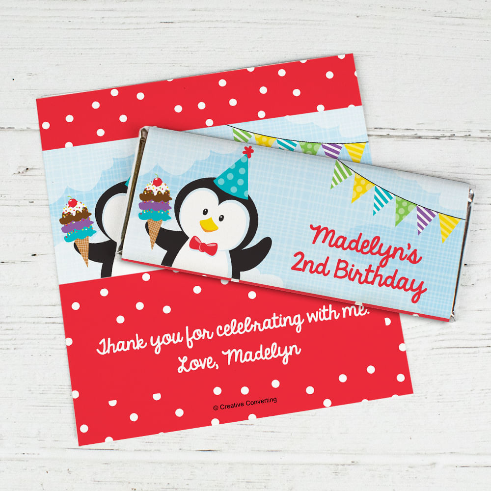 Personalized Birthday Penguin Chocolate Bar Wrappers - JustCandy.com