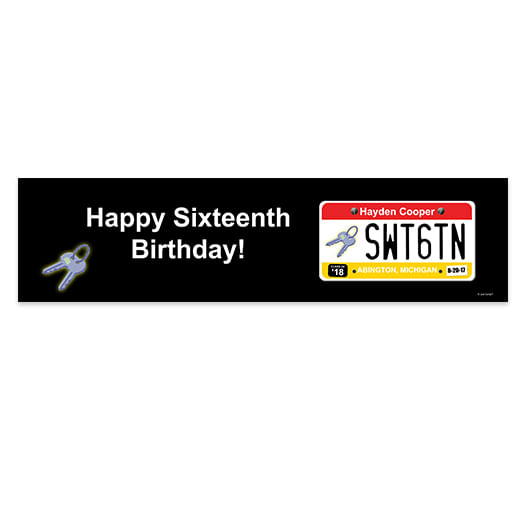 Personalized Birthday Sweet 16 License Plate 5 Ft. Banner - JustCandy.com