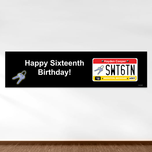 Personalized Birthday Sweet 16 License Plate 5 Ft. Banner - JustCandy.com