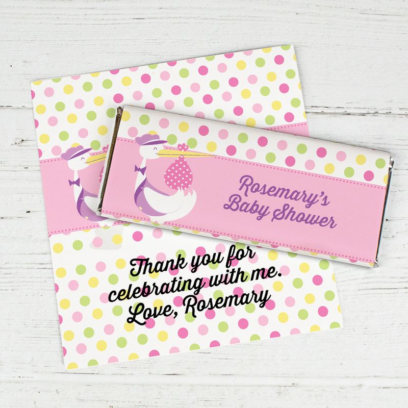 Personalized Baby Shower Pink Stork Chocolate Bar Wrappers - JustCandy.com