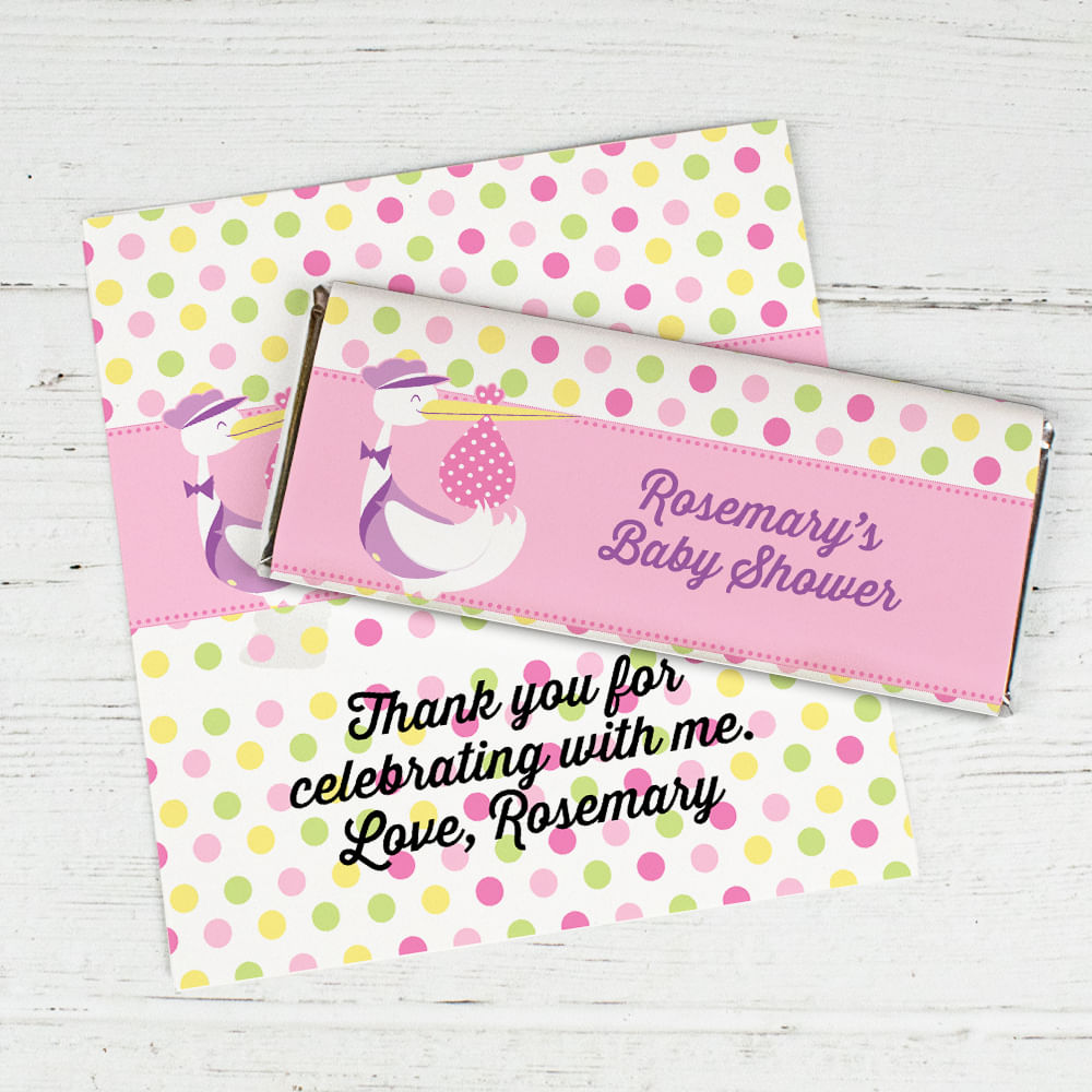 Personalized Baby Shower Pink Stork Chocolate Bar Wrappers - JustCandy.com