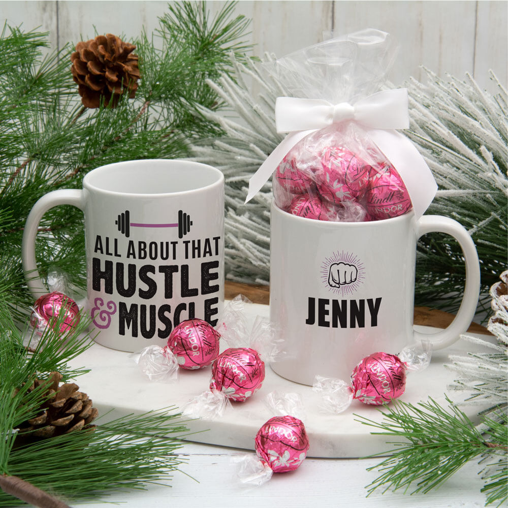 Personalized Hustle Muscle 11oz Mug with Lindt Truffles - JustCandy.com