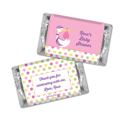 Personalized Baby Shower Pink Stork Miniatures Wrappers - JustCandy.com