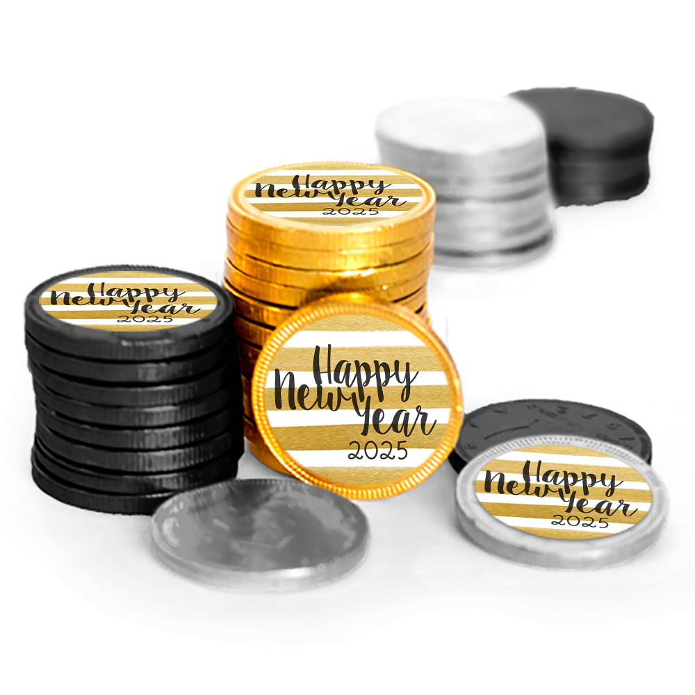 New Year's Eve Gold Stripe Milk Chocolate Black, Silver, & Gold Coins ...