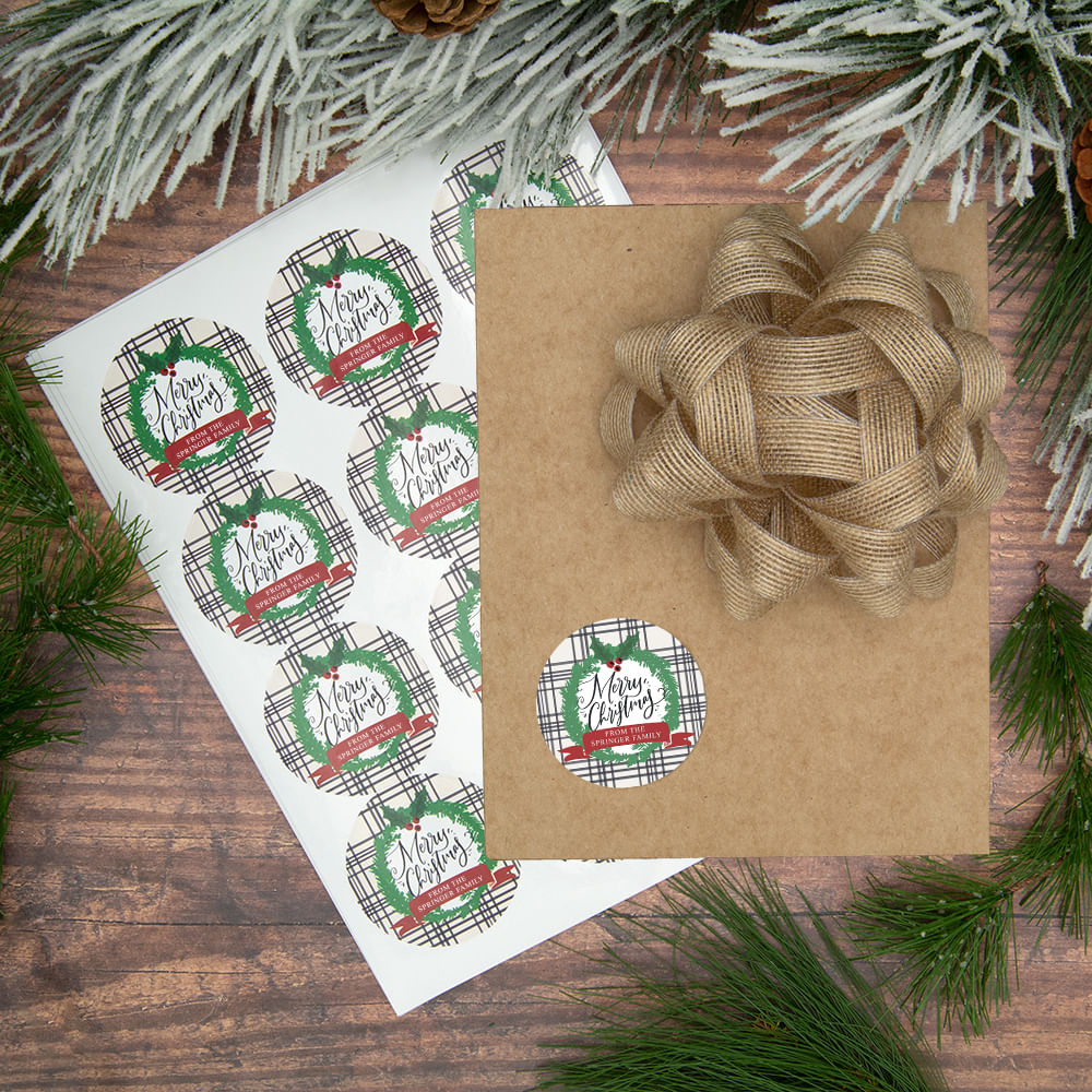 Personalized Merry Christmas Wreath Labels (72 Pack) - JustCandy.com