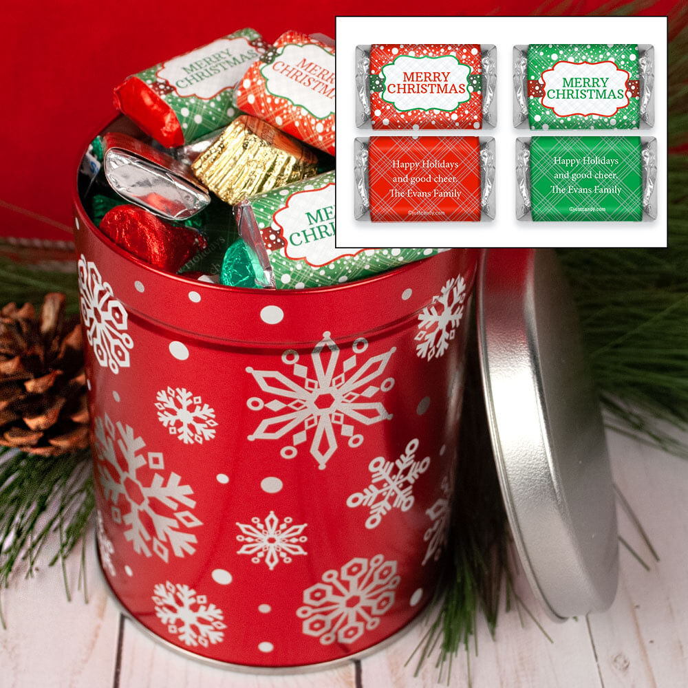 Personalized Red Snowflakes Hershey's Chocolate 1QT Tin with Merry ...