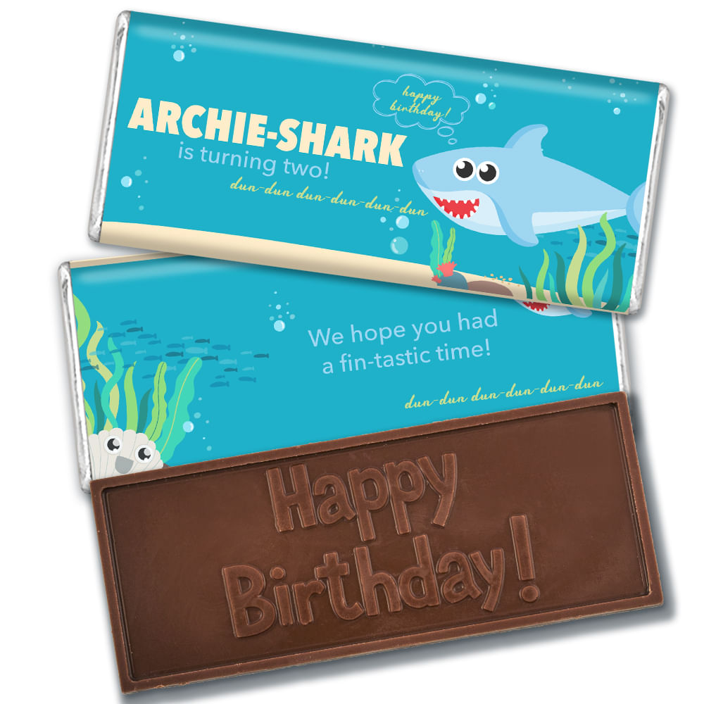 Personalized Kids Birthday Sharks Embossed Chocolate Bars - JustCandy.com