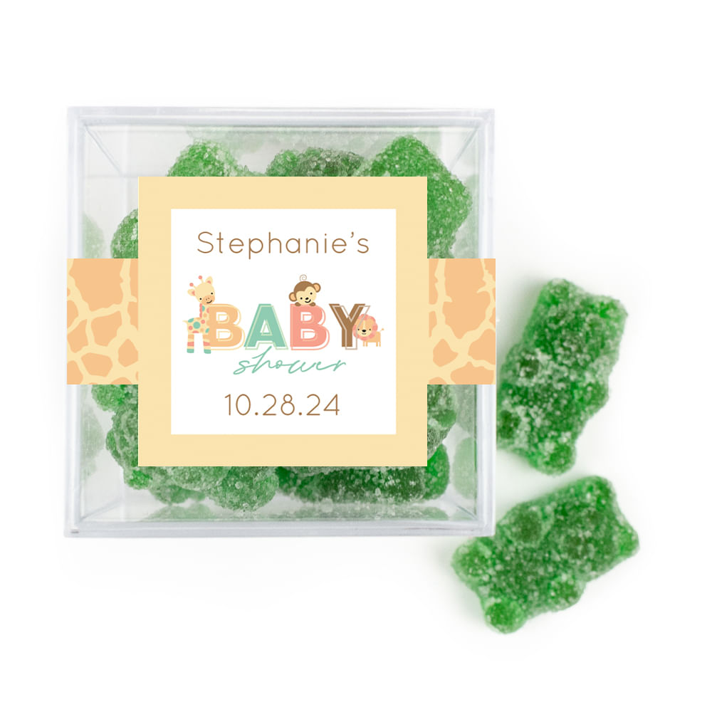 Personalized Baby Shower Safari Snuggles Favor Cube with Sanded Gummy ...