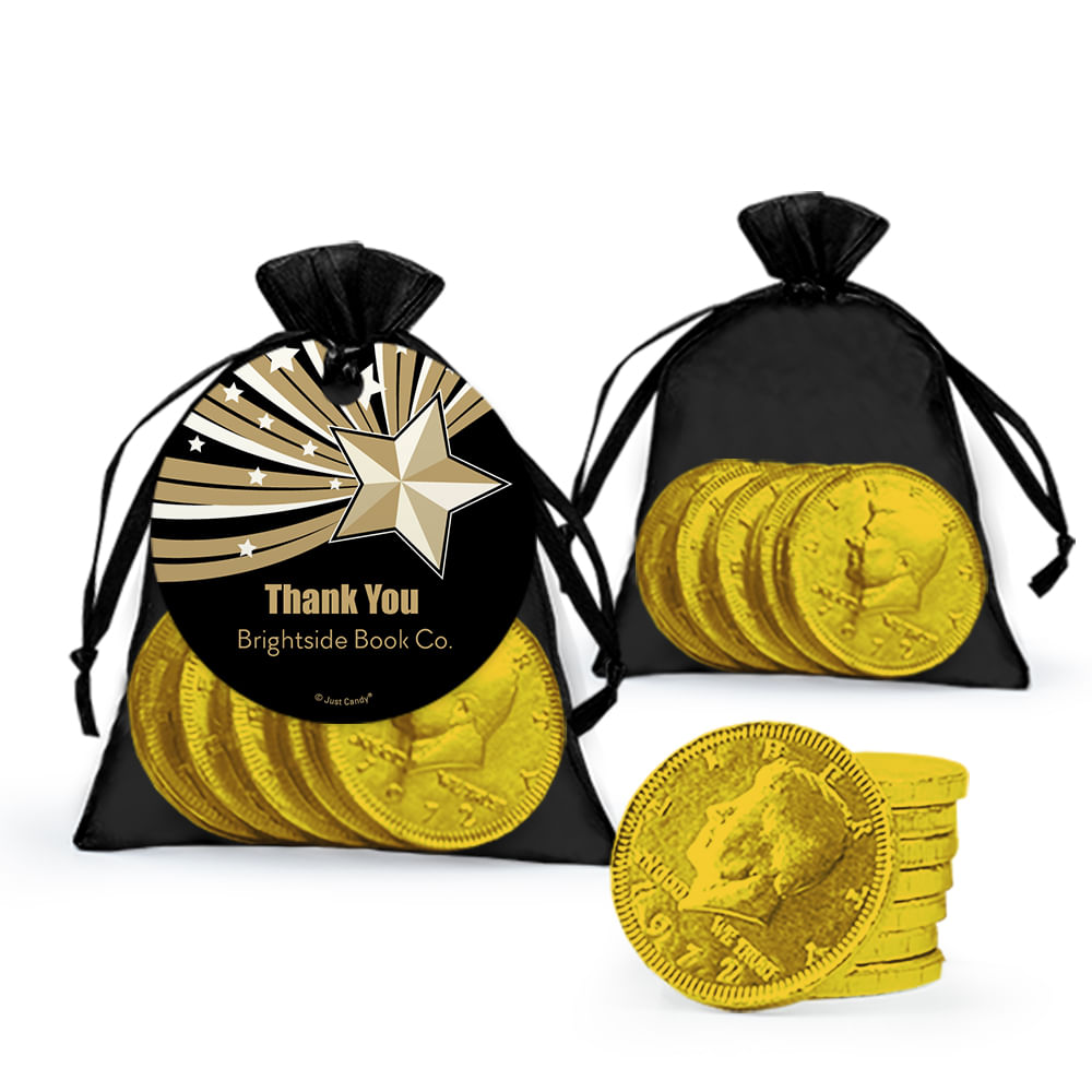 Personalized Thank You Gold Star Chocolate Coins in Organza Bag with ...