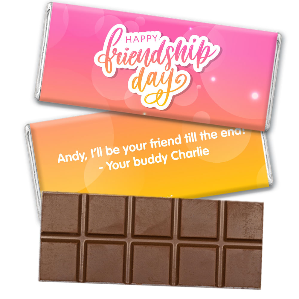 Personalized Happy Friendship Day Pink Bubbly Belgian Chocolate Bar ...