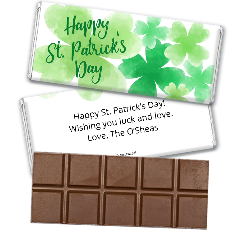 Personalized St. Patrick's Day Watercolor Clovers Belgian Chocolate Bar ...