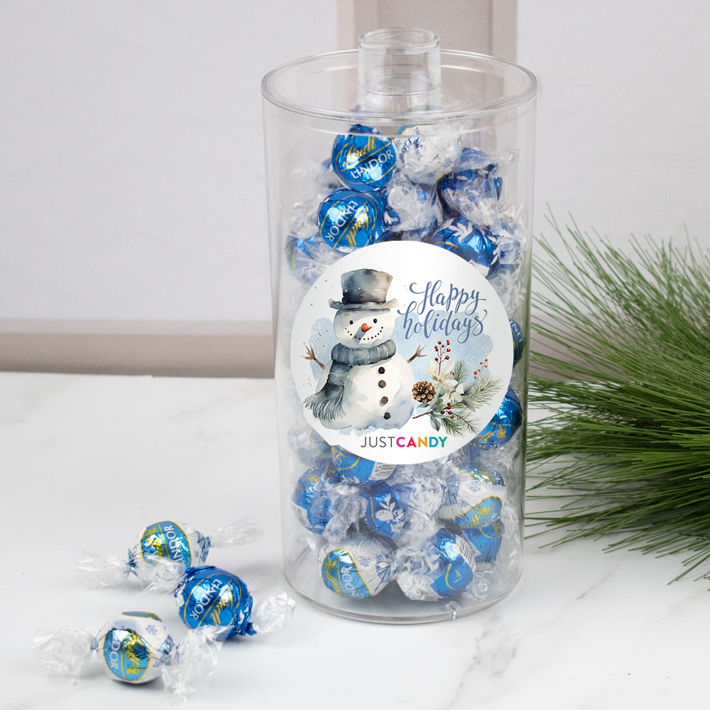 Happy Holidays Snowman Lindor Truffle Canister Gift - JustCandy.com