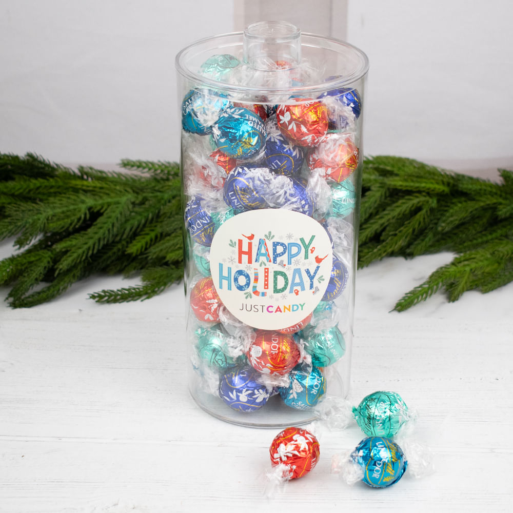 A Colorful Happy Holidays Lindor Truffle Canister Gift - JustCandy.com